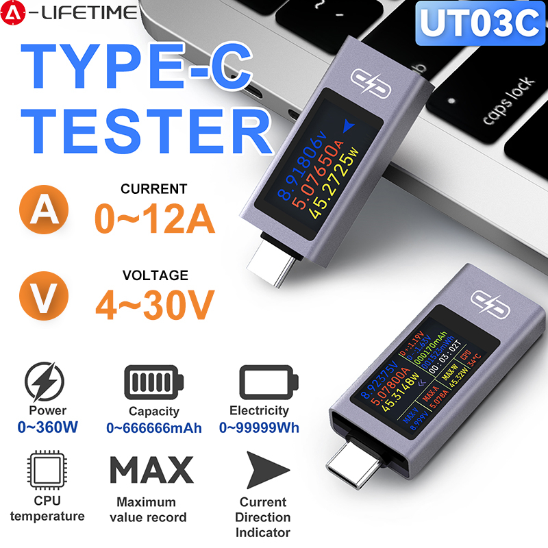 UT03C Type-C Multi-function DC แรงดันไฟฟ้าแอมป์มิเตอร์ 4 ~ 30V 0 ~ 12A สนับสนุน Fast Charging ...
