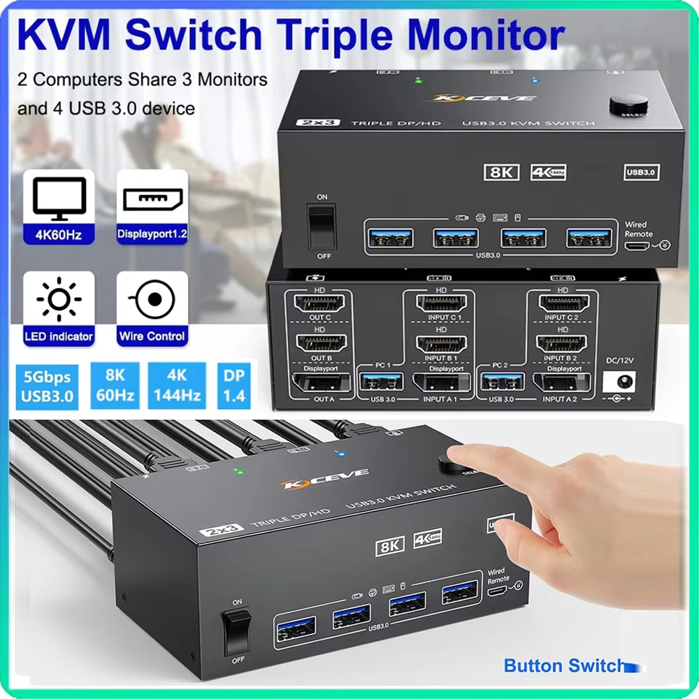 Dual Monitor KVM Switch 3 จอภาพ 2 คอมพิวเตอร์ HDMI-Compatible ...