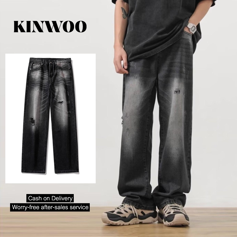 KINWOO [ส่งฟรี] กางเกงยีนส์ผู้ชายสีดำ [ไซส์ใหญ่] สไตล์เรตโกล x เกาหลี ...