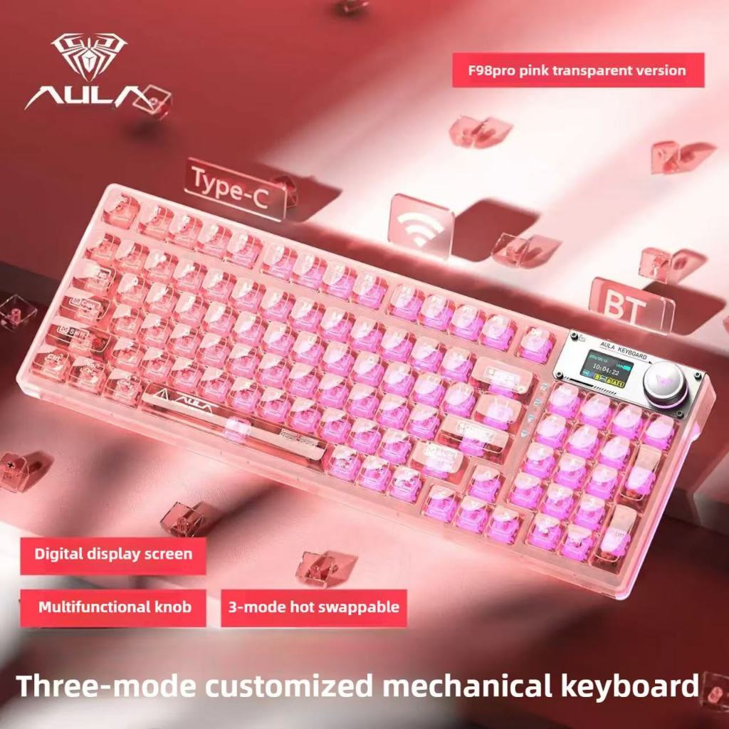AULA F98 Pro Tri Mode คีย์บอร์ดไร้สายพร้อมจอแสดงผล RGB Hot-Swappable ...