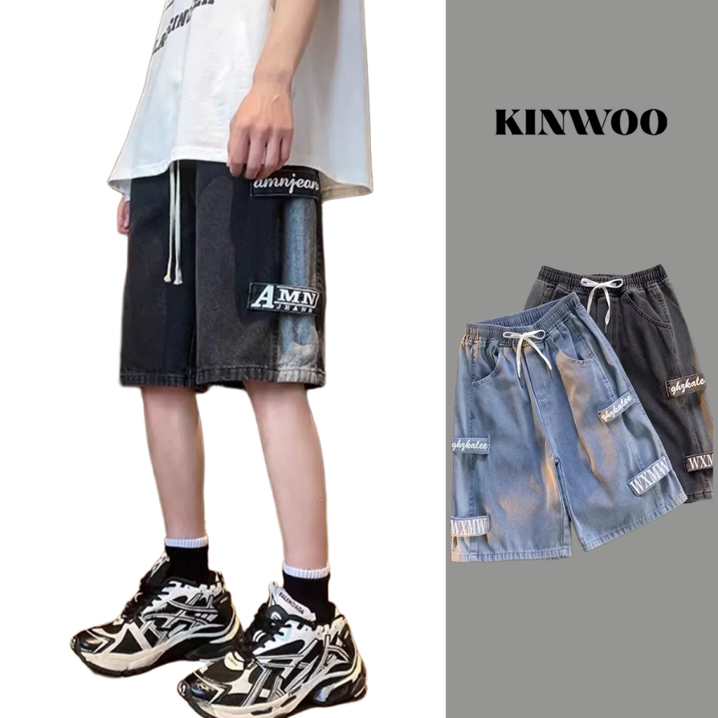 KINWOO กางเกงขาสั้นสไตล์อเมริกันย้อนยุคฤดูร้อนดูผอมหลวมฮิปฮอปกางเกงขา ...