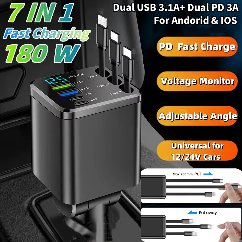 12-24โวลต์ หัวชาร์จรถยนต์，2USB 2PD TypeC 3.1A 180W Car fast charging, 120ซม สายยืดหดได้ Type-C ...