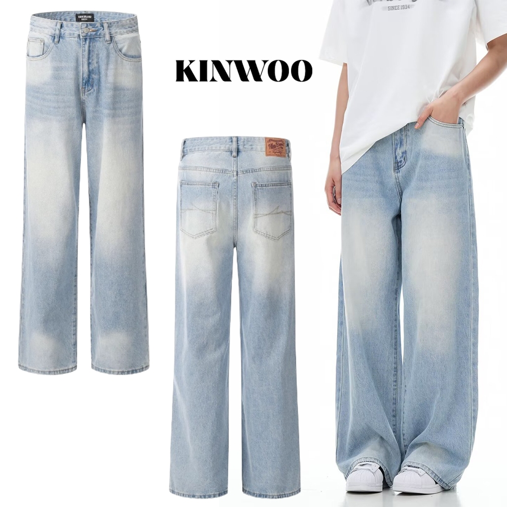 kinwooกางเกงยีนส์ขาตรงสีฟ้าใส ทรงหลวมสไตล์เกาหลี 2025 แบบใหม่! เนื้อผ้า ...