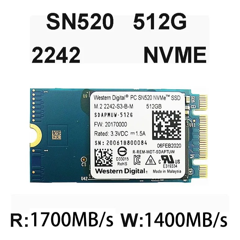 WD PC SN520 512g 256g 128g 2242 PCIe Gen3 x2 NVMe v1.3 Solid State ...