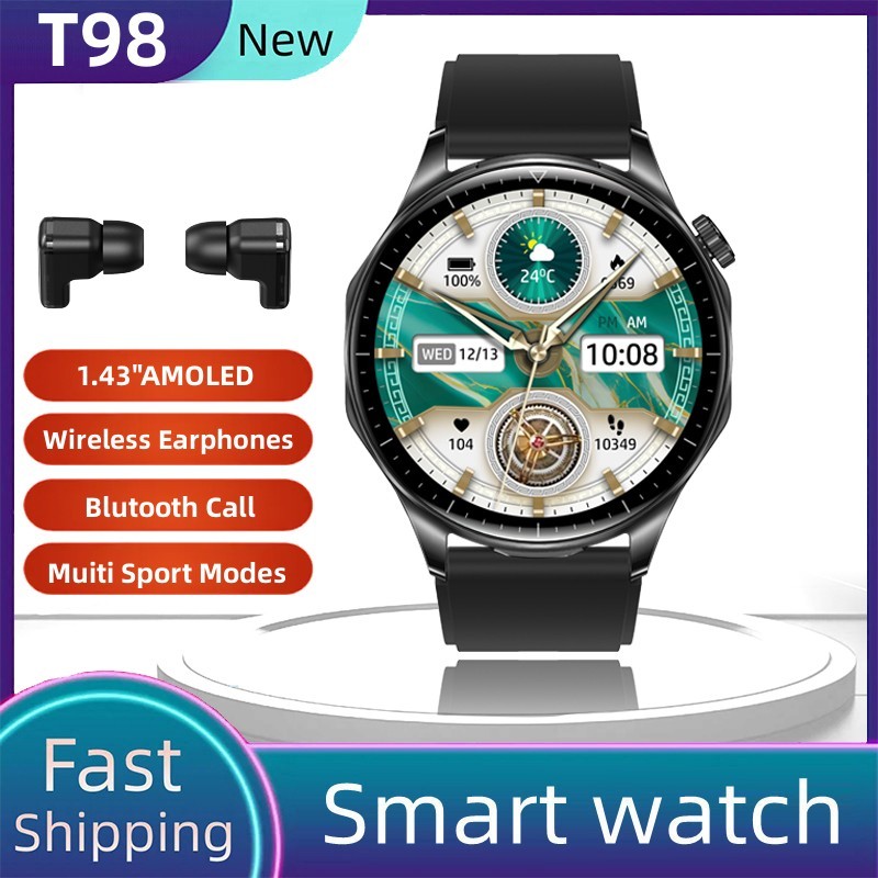 ใหม่ Rainbuvvy T98 ชุดหูฟัง Smartwatch 2-in-1 1.43 AMOLED รอบหน้าจอโลหะ ...