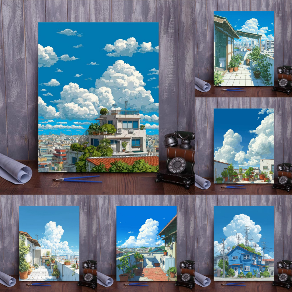 【ORFON】40×50cm ระบายสีตามตัวเลข/ภาพระบายสี/ภาพวาด/ท้องฟ้าสีฟ้า/วิวระเบียง/ของขวัญ diy/ภาพแต่ง ...