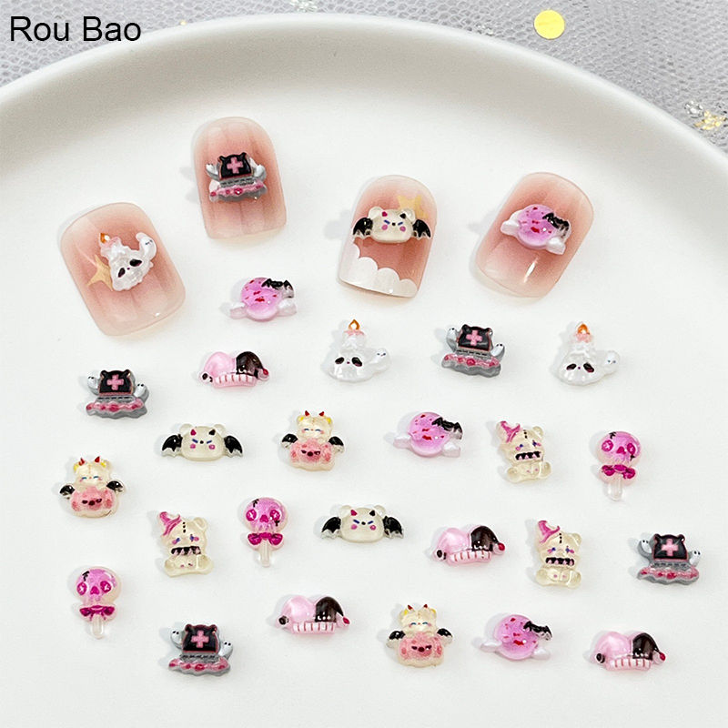 Rou Bao 50 ชิ้นเล็บ Mini ฮาโลวีน Ghost Devil ค้างคาวการ์ตูนเรซิ่นเล็บ Art DIY Charms ตกแต่ง ...