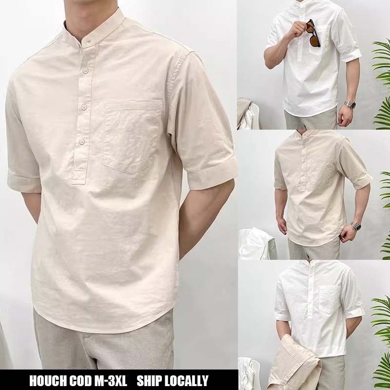 Houch พร้อมส่ง COD เสื้อHenleyผ้าไหมน้ำแข็งและลินิน แขนกึ่งเปิด ...
