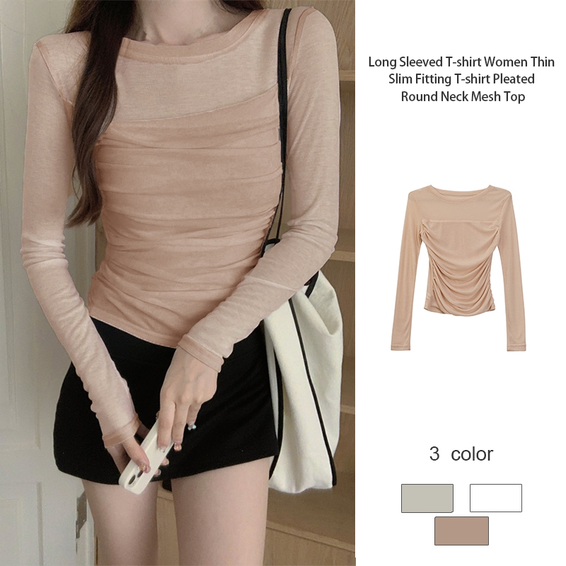 YiMii.th ผู้หญิงจีบ Slim Fitting Bottoming เสื้อผ้ากอซแขนยาวเสื้อยืด ...