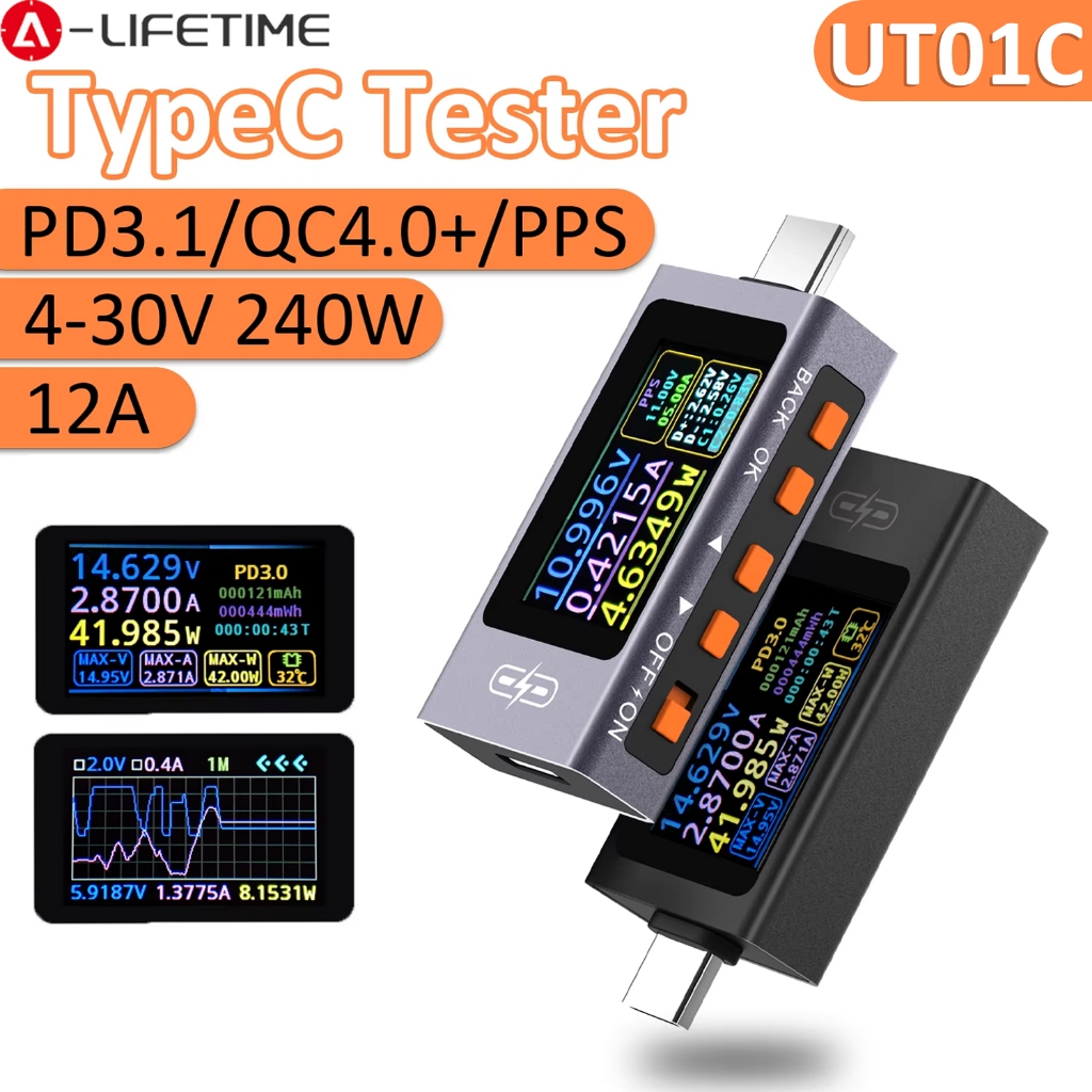 UT01C เครื่องทดสอบ Type C - วอลต์มิเตอร์แอมมิเตอร์ - จอภาพ 4-30V 0-8A - ตรวจจับการชาร์จเร็ว ...