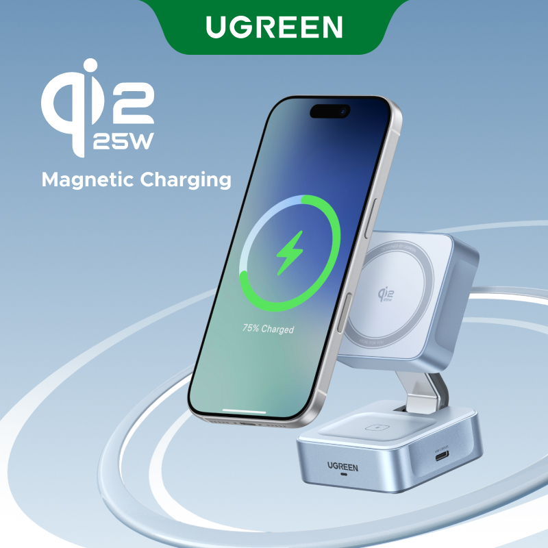 【Qi2.2】UGREEN 2-in-1 MagFlow Wireless Charger Qi2 25W ขาตั้งพับได้กล่องสี่เหลี่ยมเล็ก 25W Sliver ...
