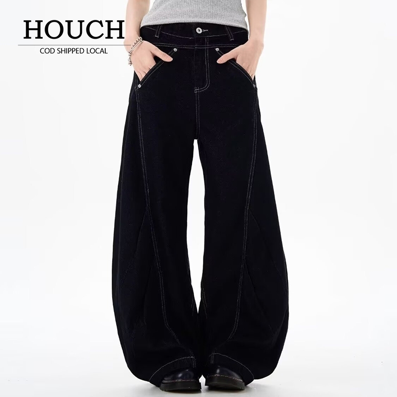HOUCH COD กางเกงยีนส์ผู้ชาย ทรงบอลลูน สีดํา ขากว้างลําลอง ขายาว กางเกง ...