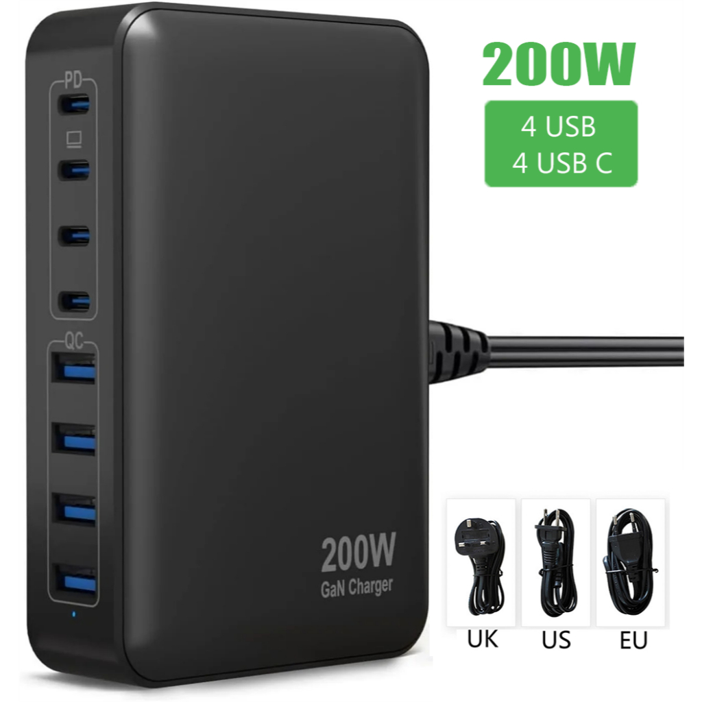 200W GaN USB Charger Station USB C Charger 8-Port Multiple Fast ...