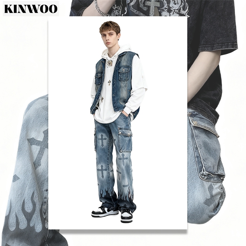 KINWOO KINWOO กางเกงยีนส์ผู้ชาย ทรง Baggy Cargo กระเป๋าหลายช่อง สีฟ้า ...