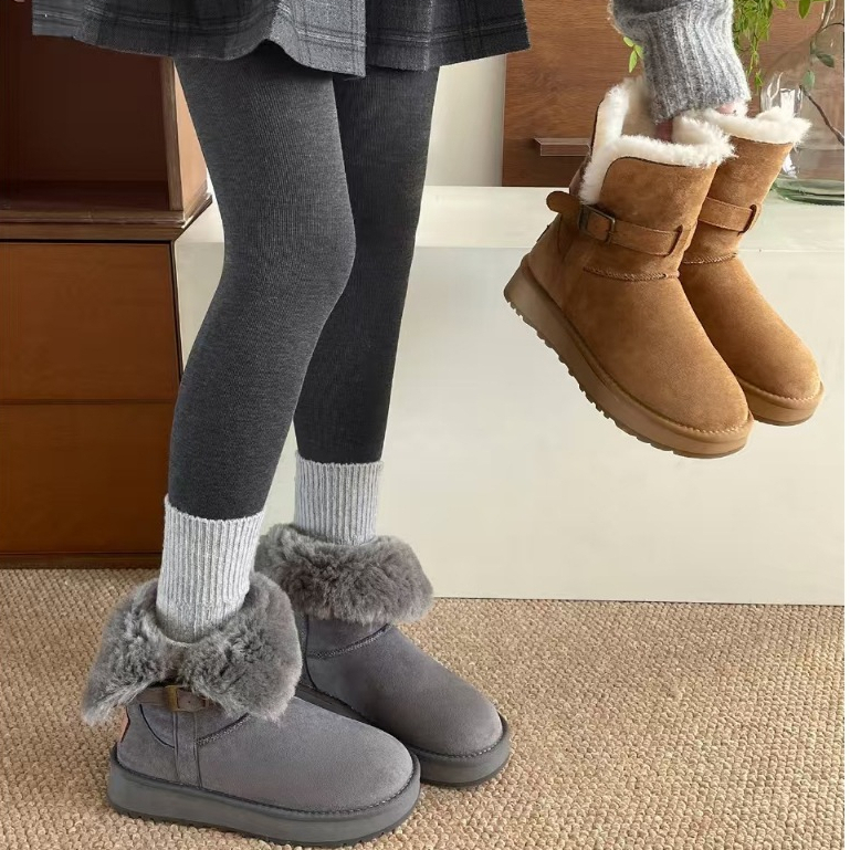 บOOT สุภาพสตรี Soled Snow Boots ขนาดใหม่ สีน้ำตาล/สีเทา มีซับขนแกะและ ...