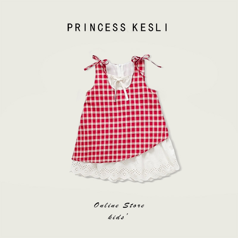 Princess Kesli ชุดเดรสเด็กผู้หญิง สไตล์แขนกุด ชุดเดรสโบว์ลายหมากรุกสี ...