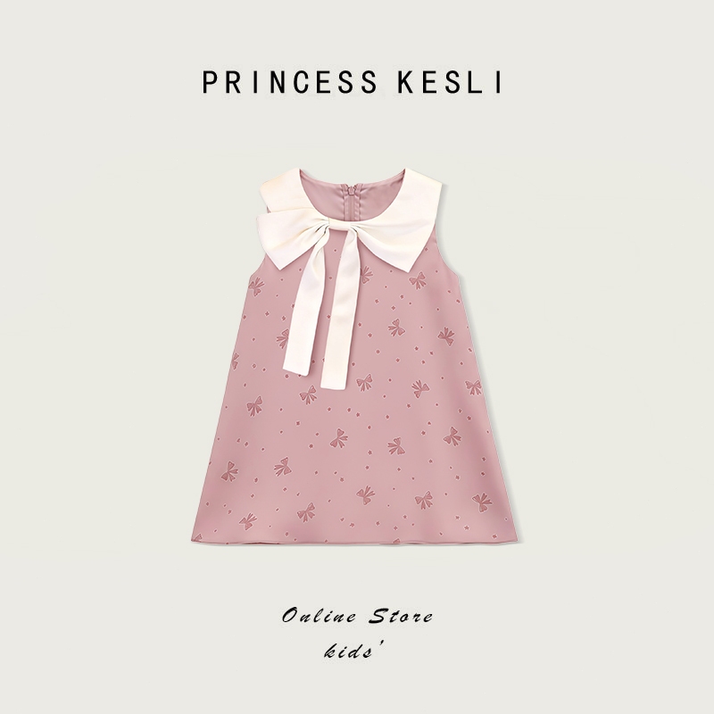 Princess Kesli เดรสเด็กผู้หญิง สีชมพู โบว์ซาติน เดรสแขนกุด านุ่มใสสบายฯ ...