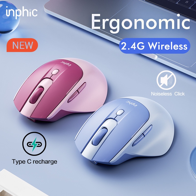 Inphic เมาส์ไร้สายชาร์จ 2400dpi เงียบคลิก Ergonomic Optical เม้าส์ 2.4G ...