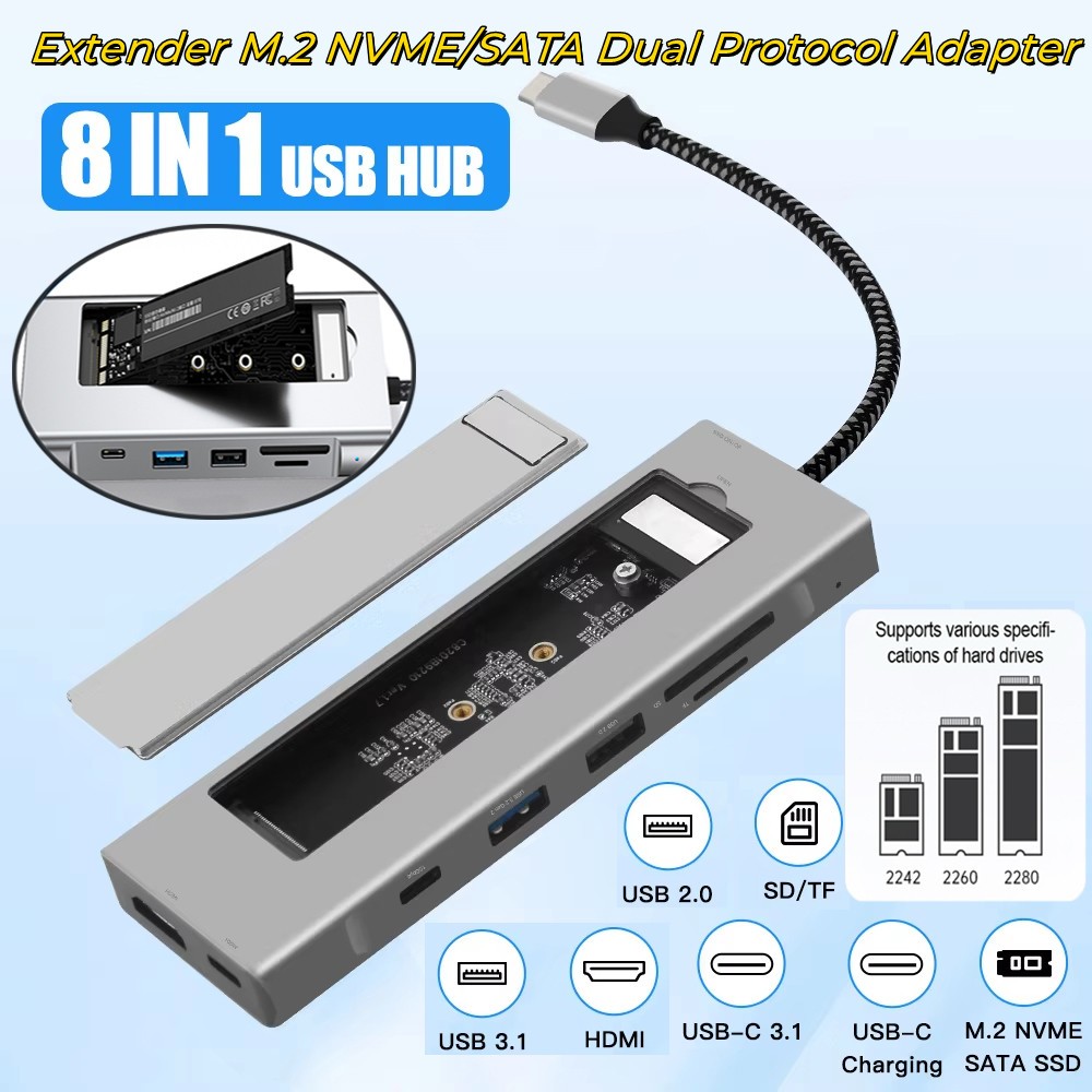 8 in 1 USB C Hub 3.0 Type-C Splitter Extender M.2 NVME/SATA Dual ...