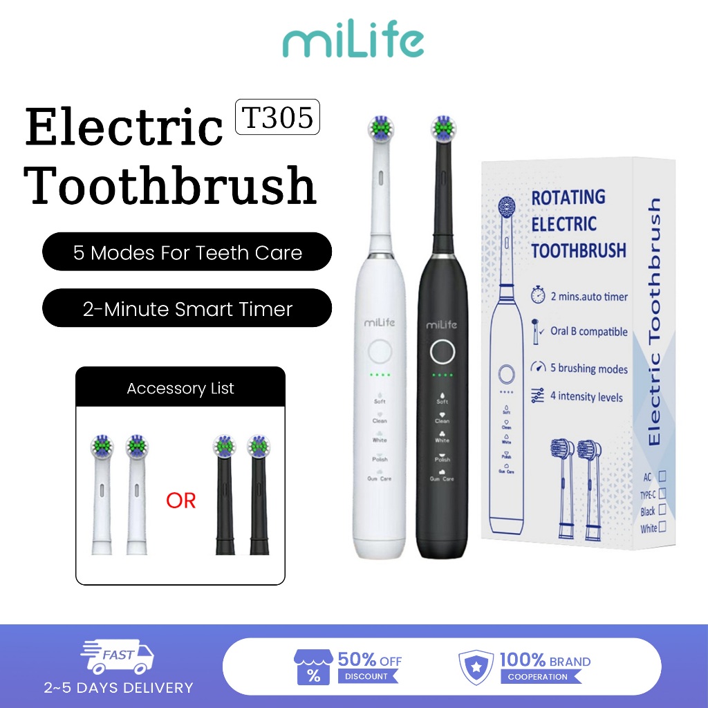 MiLife T305 แปรงสีฟันไฟฟ้า 2 นาที Timer 5 โหมดสมาร์ท 99.8% มากกว่าการ ...