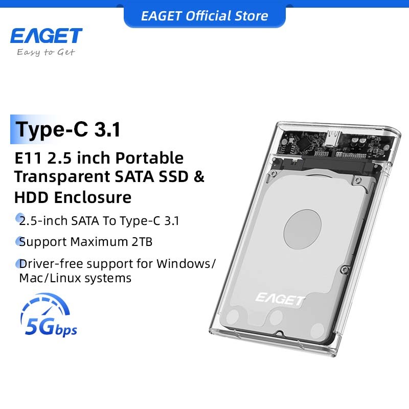 EAGET E11 2.5 นิ้ว SATA SSD และ HDD Enclosure แบบพกพาโปร่งใส (5Gbps ...