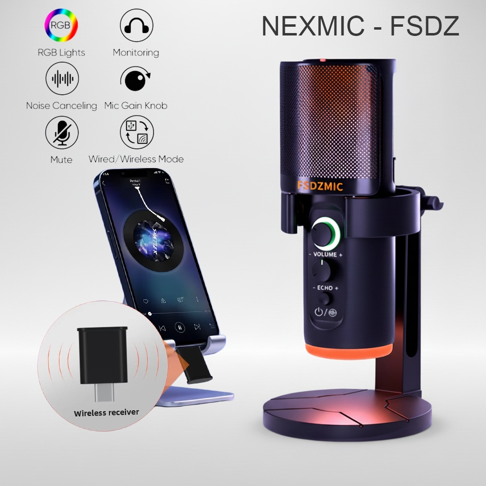 NEXMIC ไมโครโฟนไร้สาย ไมโครโฟนเกม USB เข้ากันได้กับโทรศัพท์มือถือ/พีซี ...