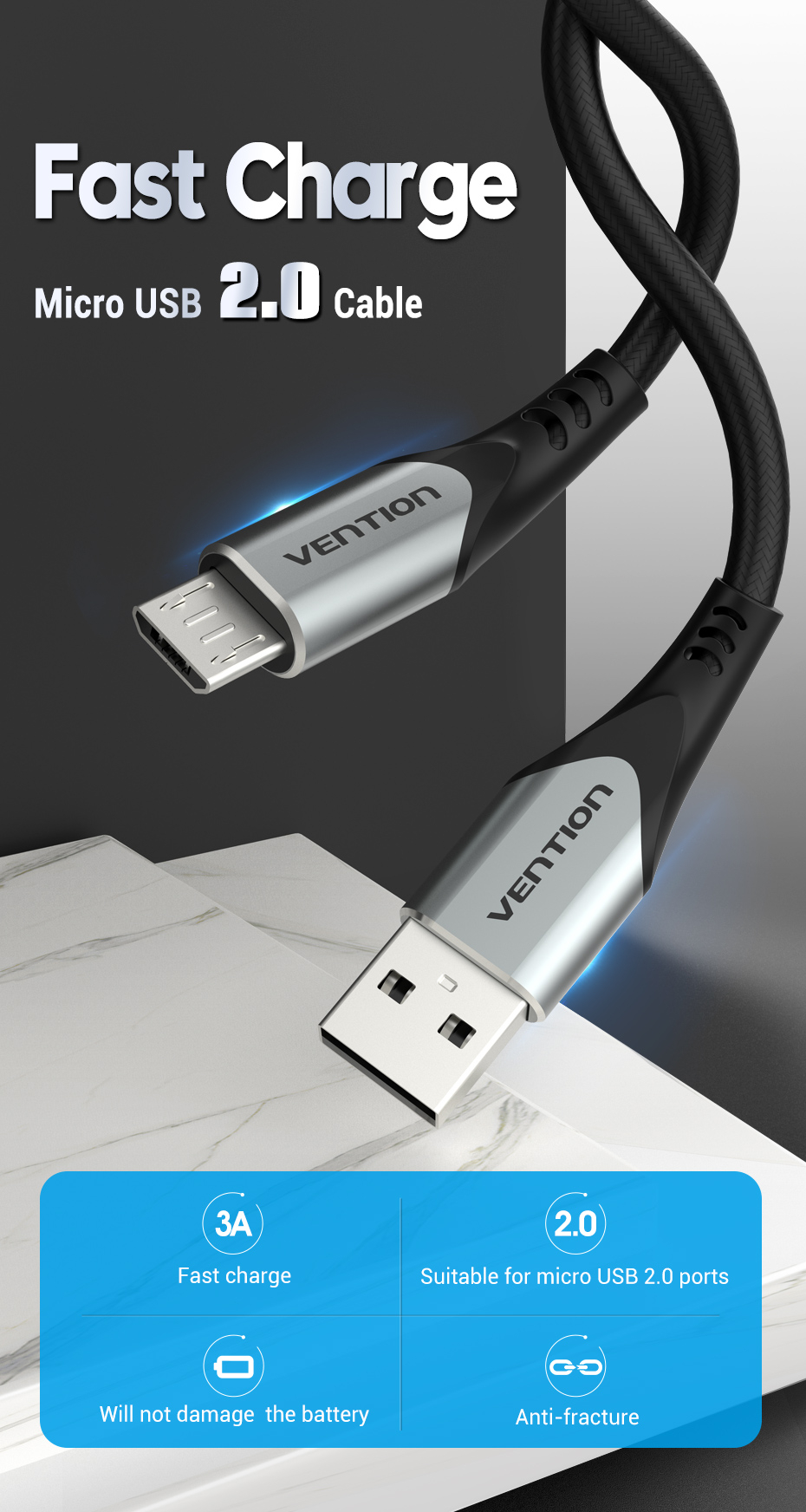 Vention สาย Micro USB 3A Fast Charging & Data Sync Cable สายถักไนลอน ...