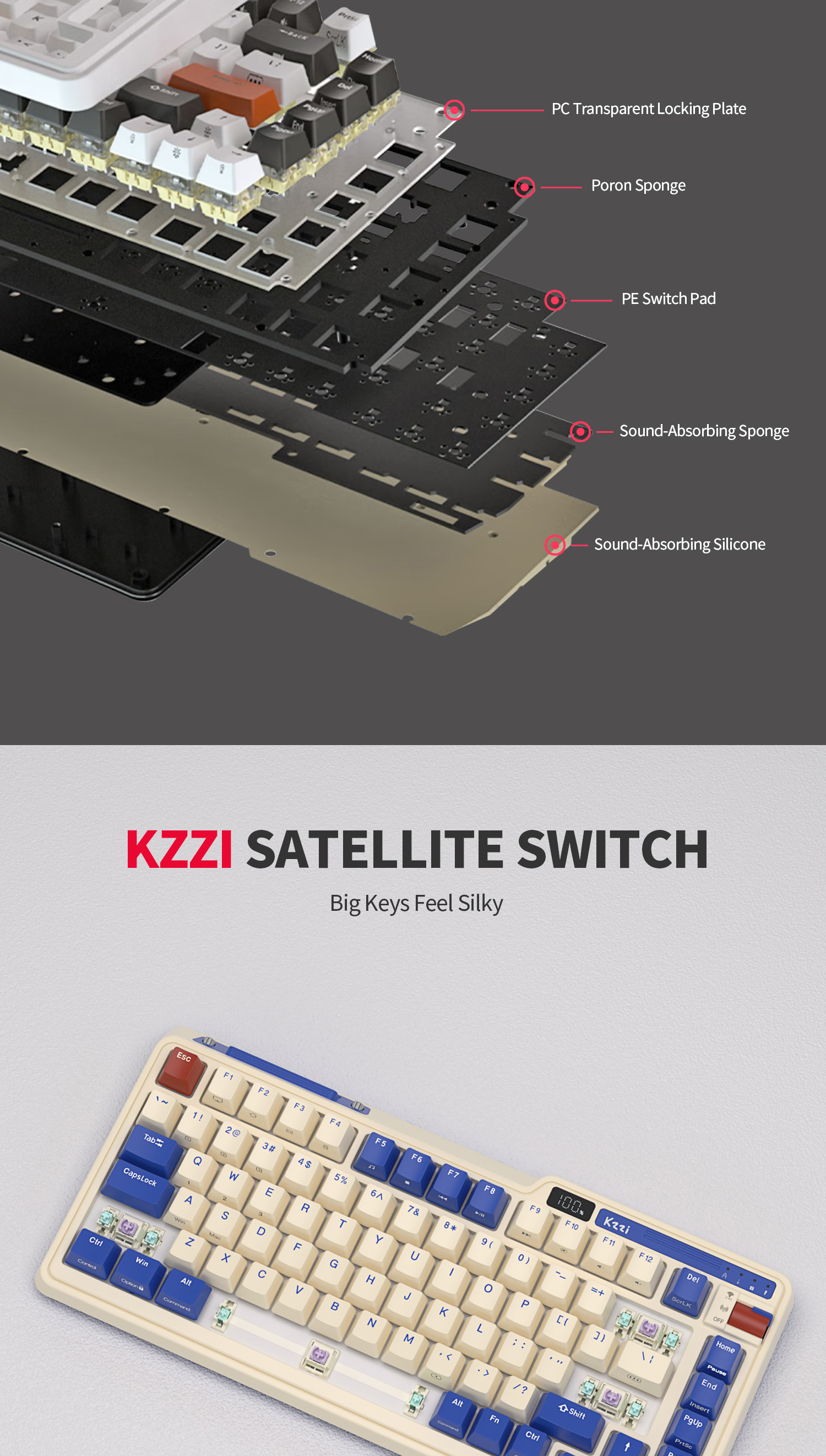 Kzzi Kezhi K75 Pro+ ปะเก็นคีย์บอร์ดเล่นเกม ไร้สาย สามโหมด RGB ผงสีทอง ...