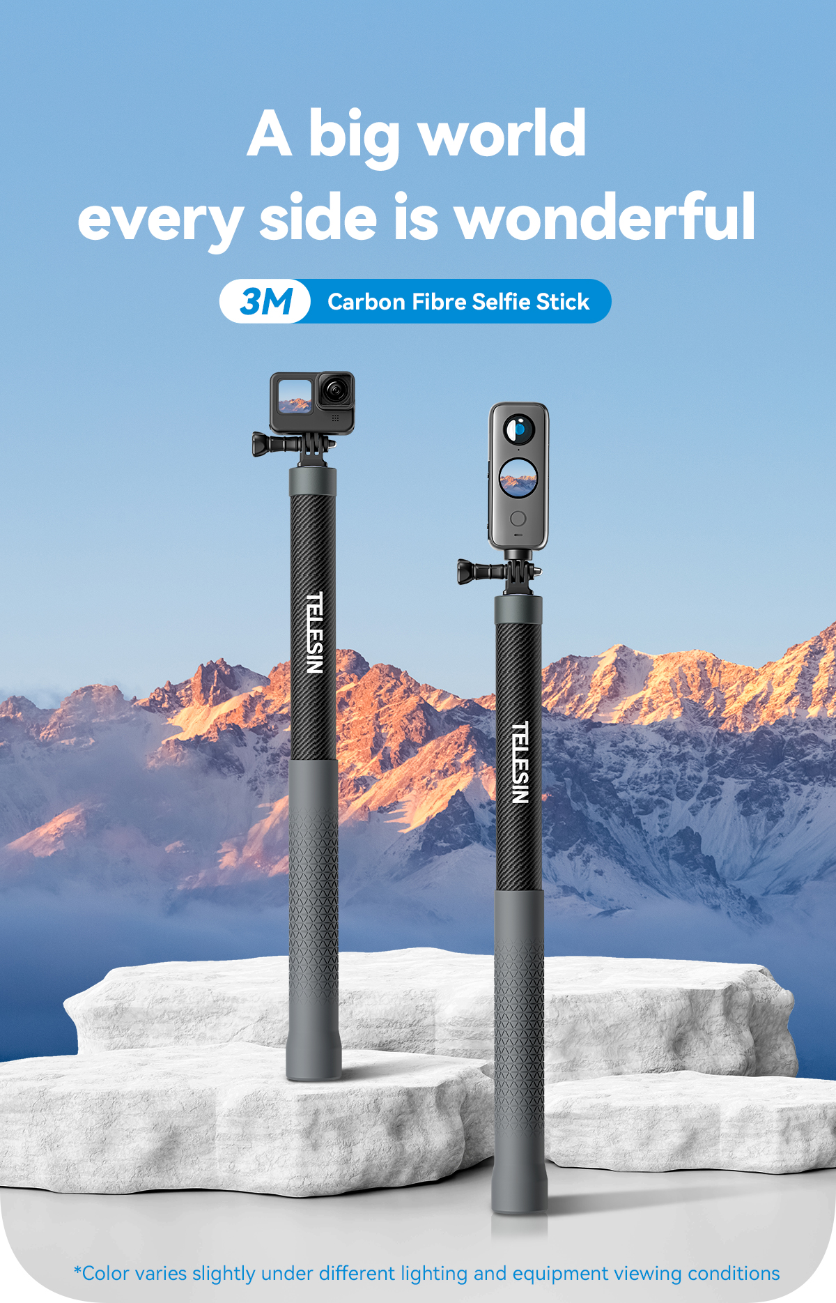 TELESIN 3M Selfie Stick Carbon Fiber Monopod with 1/4 Screw for GoPro ...