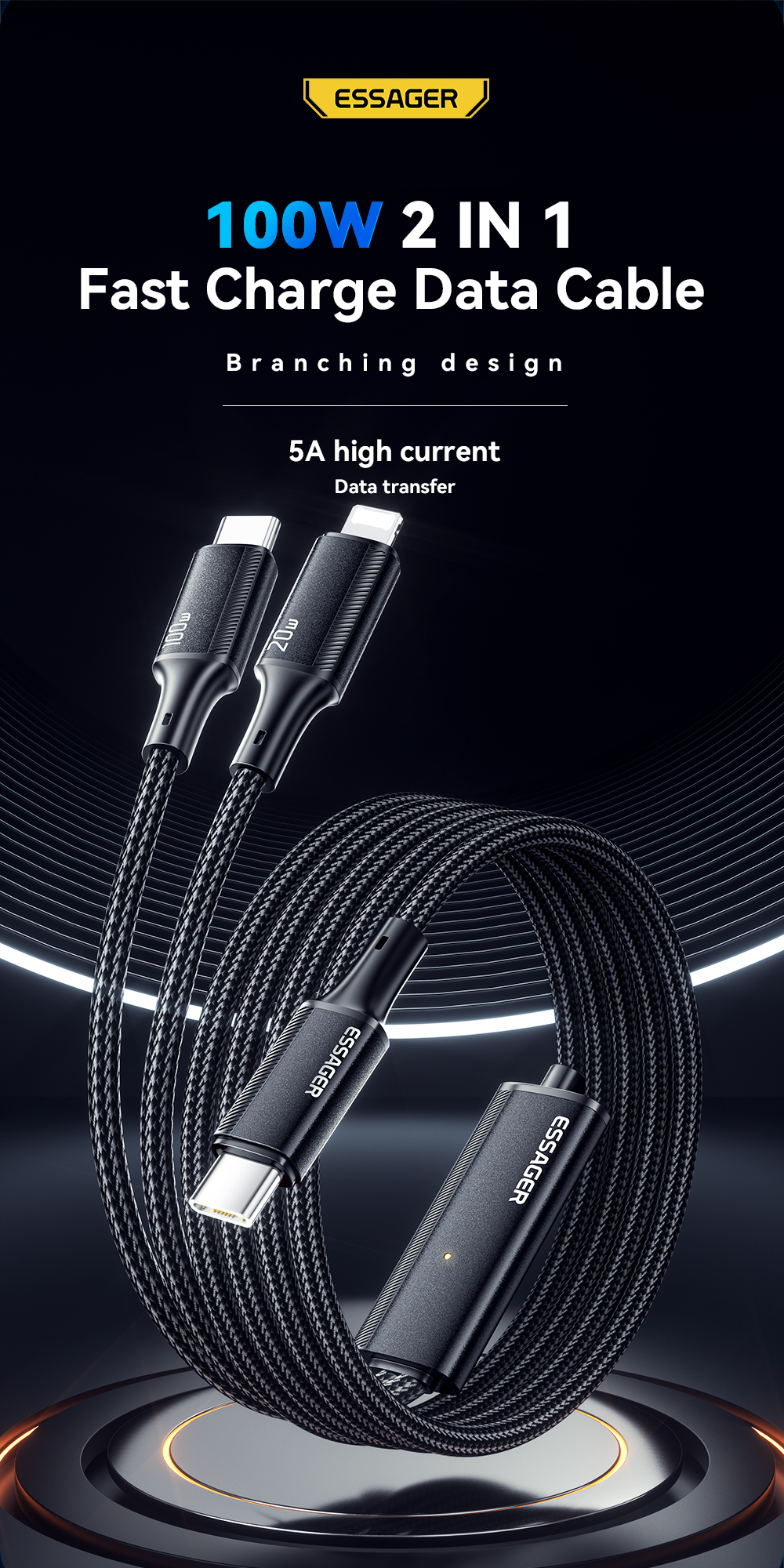 Essager J 100W 2 In 1 สายชาร์จข้อมูล แบบชาร์จเร็ว เหมาะสําหรับพอร์ต Type C และพอร์ต IP | Shopee ...