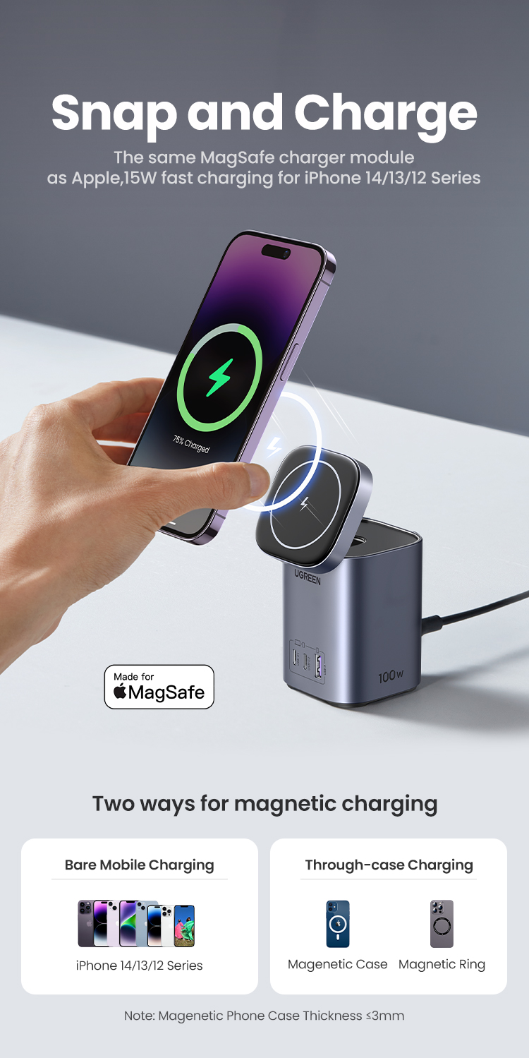 Ugreen 4 in 1 GaN 4 in 1 แท่นชาร์จไร้สาย 100W พร้อม USB C PD 100W 2 ช่อง และ USB-A 22.5W 14 ...