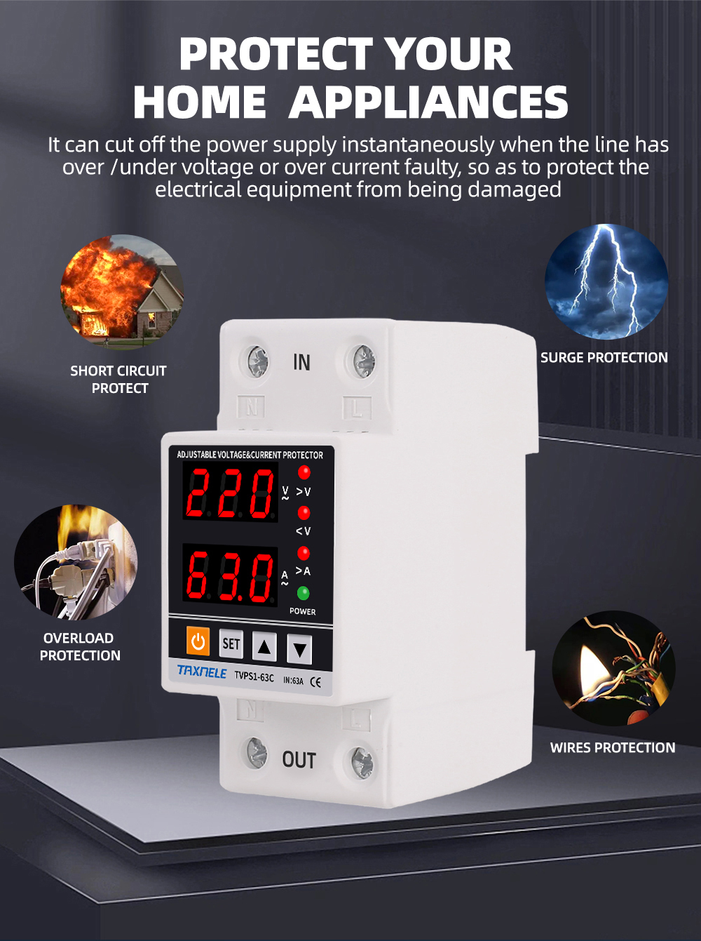 Taxnele Dual Display 40A 63A 230V Din Rail ปรับดิจิตอล Over Under Voltage Protector TVPS1-63C ...