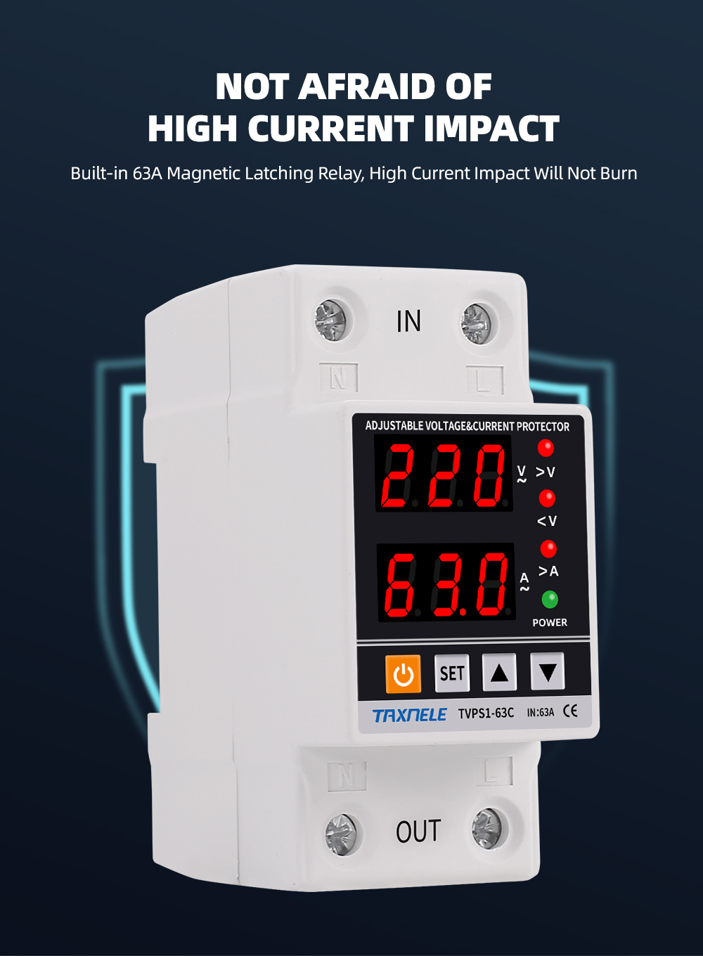 Taxnele Dual Display 40A 63A 230V Din Rail ปรับดิจิตอล Over Under Voltage Protector TVPS1-63C ...