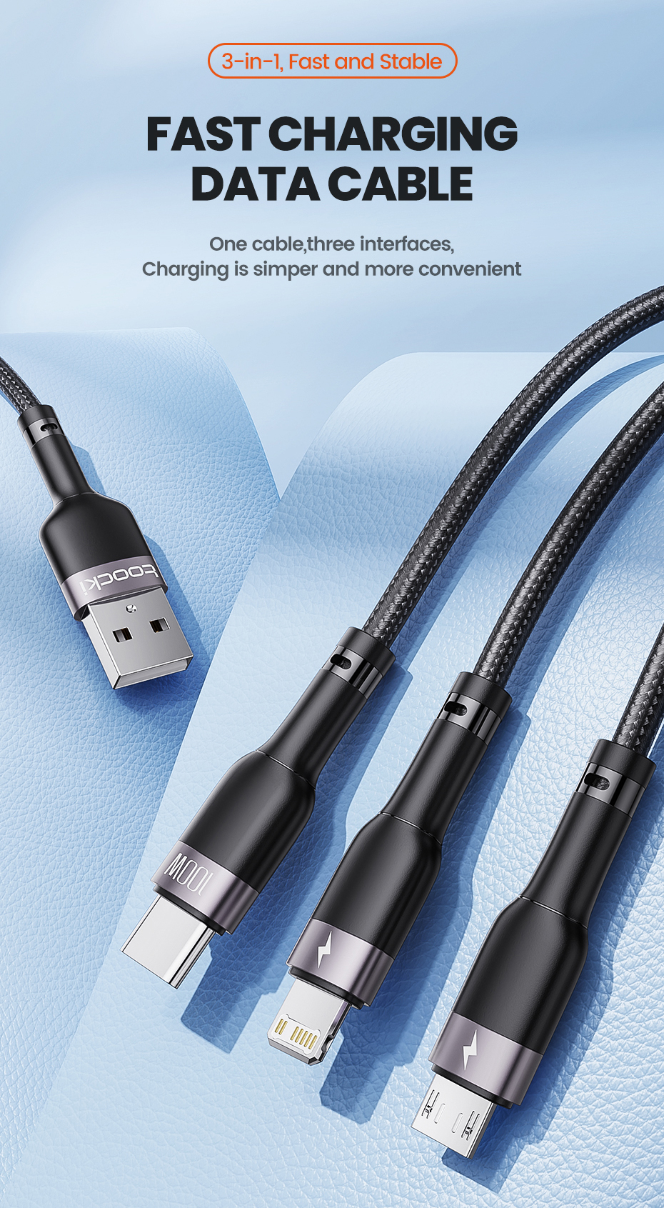 Toocki 3 In 1 สายชาร์จโทรศัพท์มือถือ Micro USB Type C 100W 1.2 ม. ...
