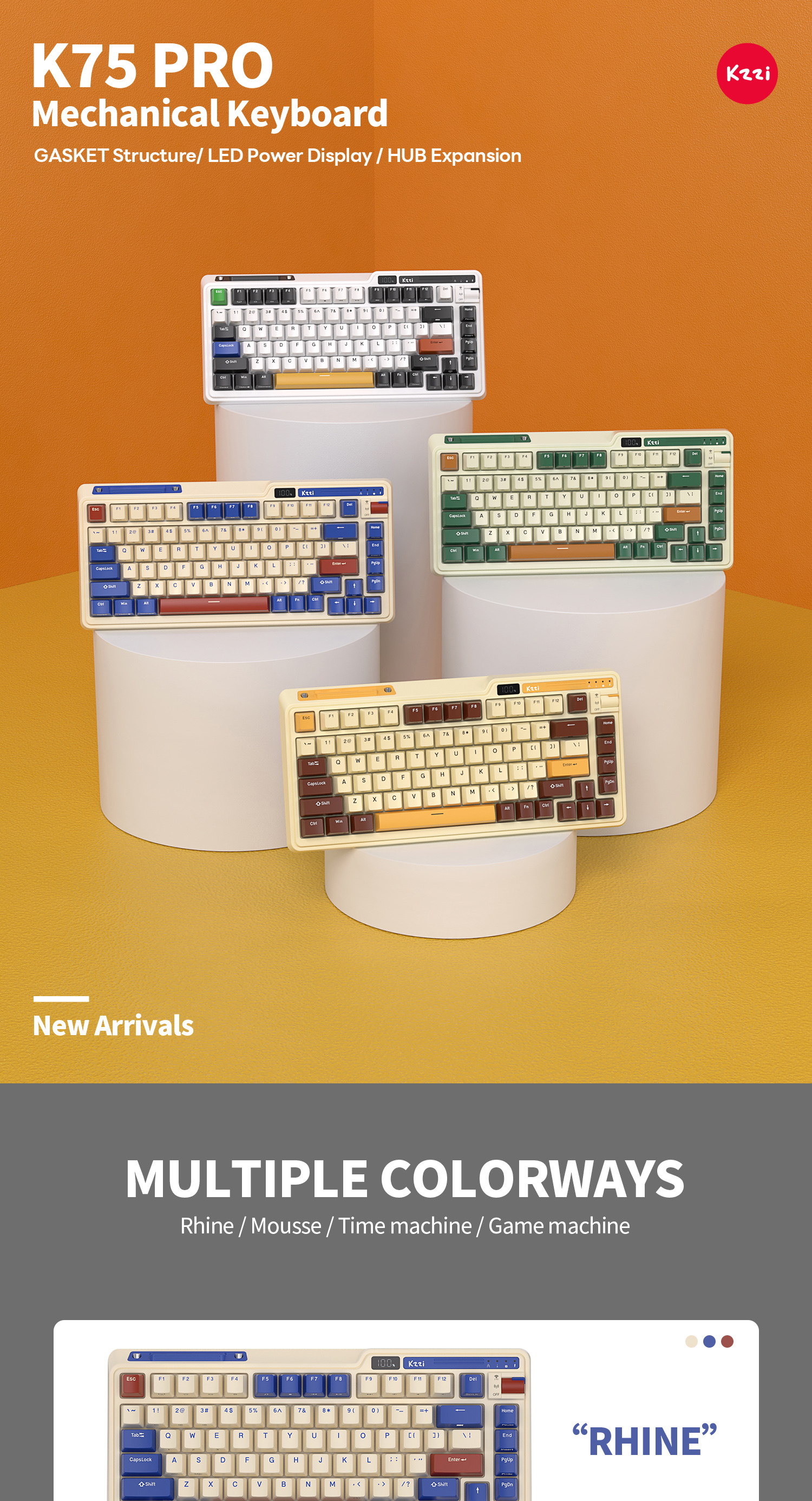 Kzzi Kezhi K75 Pro ปะเก็นคีย์บอร์ดเล่นเกมไร้สาย สามโหมด RGB Backlit 80% ...