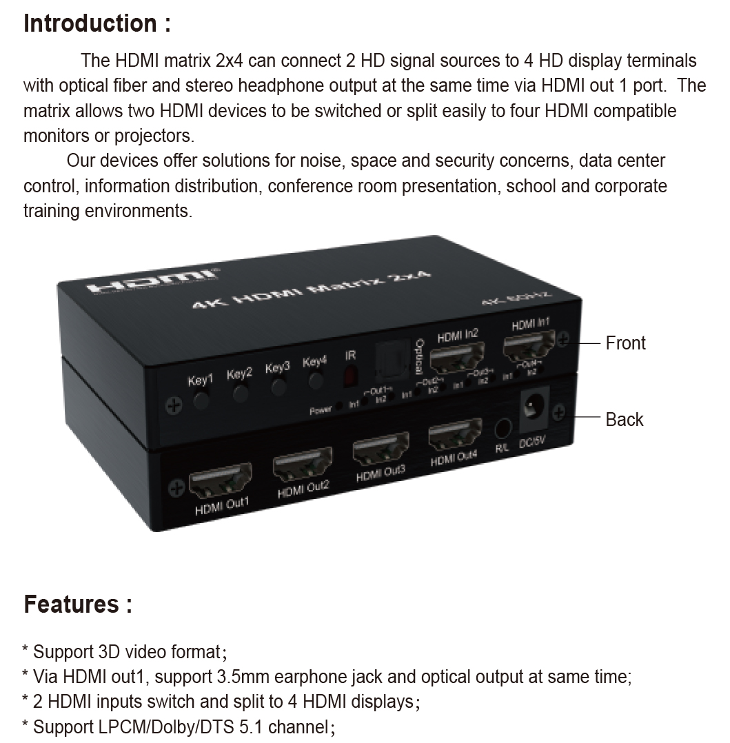 4k 60Hz HDMI Matrix 4x2 2x4 2x2 HDMI Switcher 4 อินพุต 2 เอาต์พุตออปติ ...