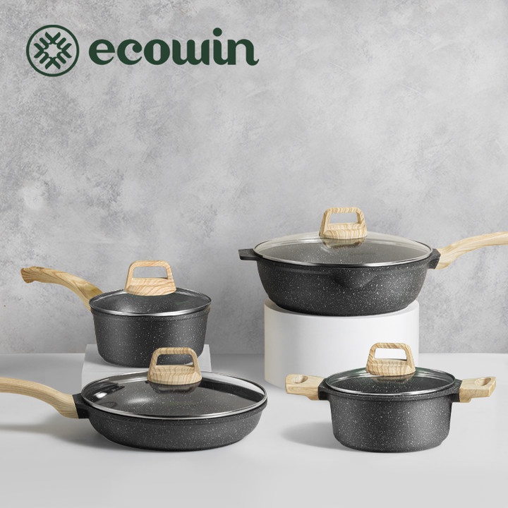 Ecowin non-stickหินไมฟานชุด 4 สีดำ หม้อกระทะครบชุดในครัวเรือน กระทะ หม้อนม หม้อซุป เหมาะสำหรับ ...