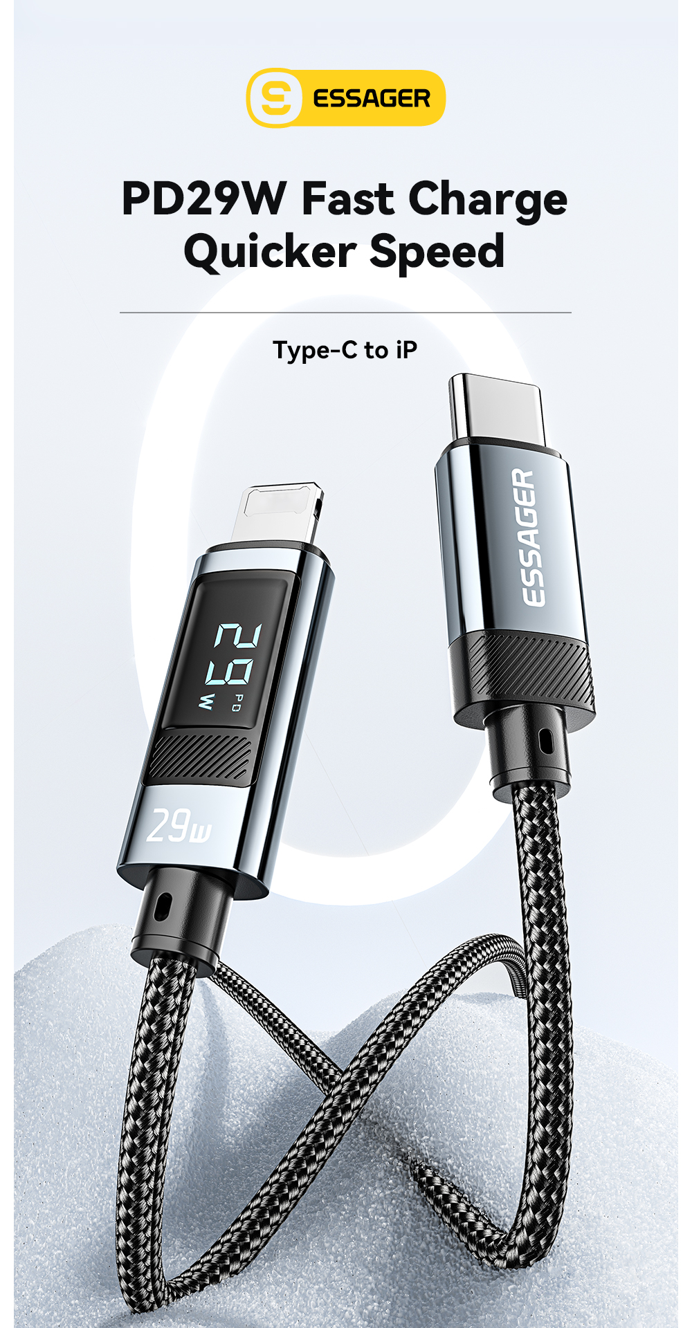 Essager สายชาร์จ Type C เป็น L 29W หน้าจอดิจิทัล ชาร์จเร็ว สําหรับ IP ...