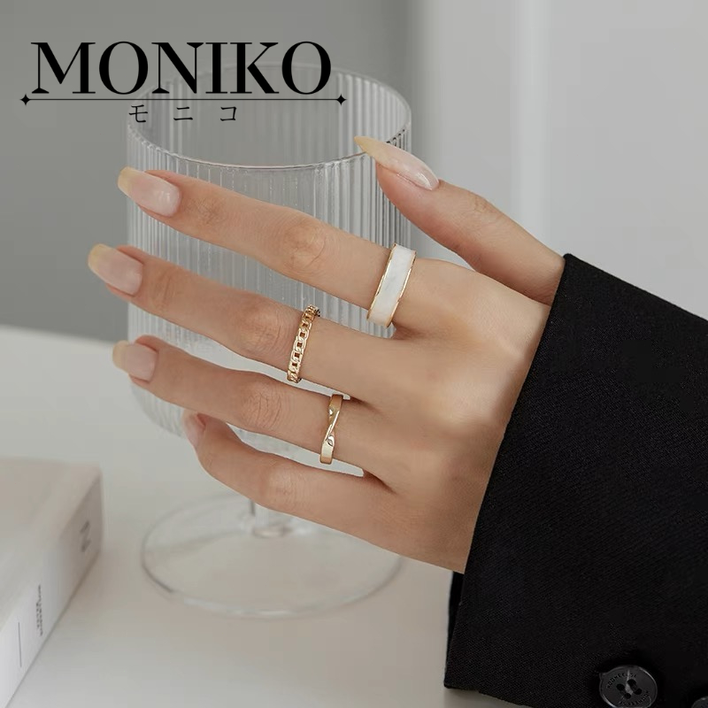 MONIKO การออกแบบดั้งเดิม แหวนฮิปฮอปเหล็กไทเทเนียมชุดสามชิ้น สีเงินยูนิ ...