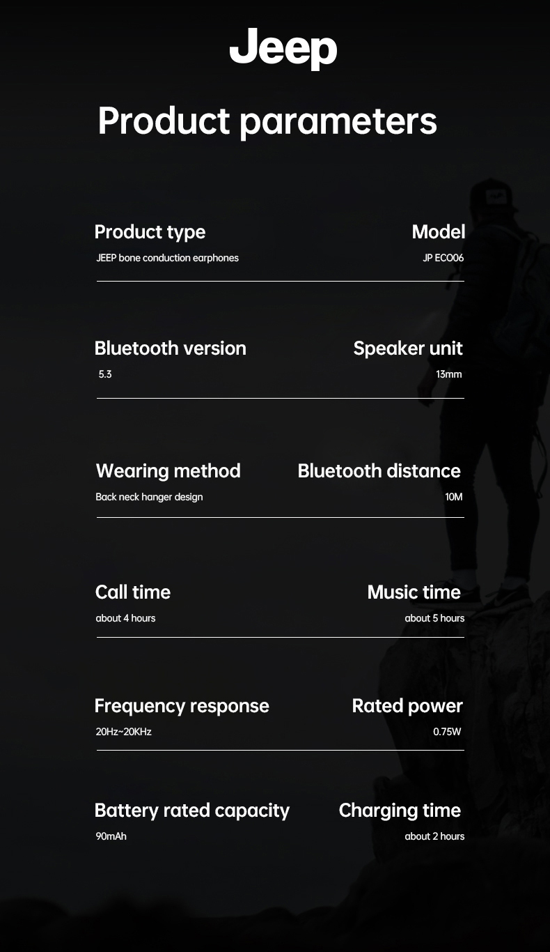 Jeep JPS-EC006 หูฟังบลูทูธ 5.3 IPX5กันน้ํา แบตเตอรี่ยาวนาน หูฟังไร้สาย พร้อมไมโครโฟน ระบบ Bone ...