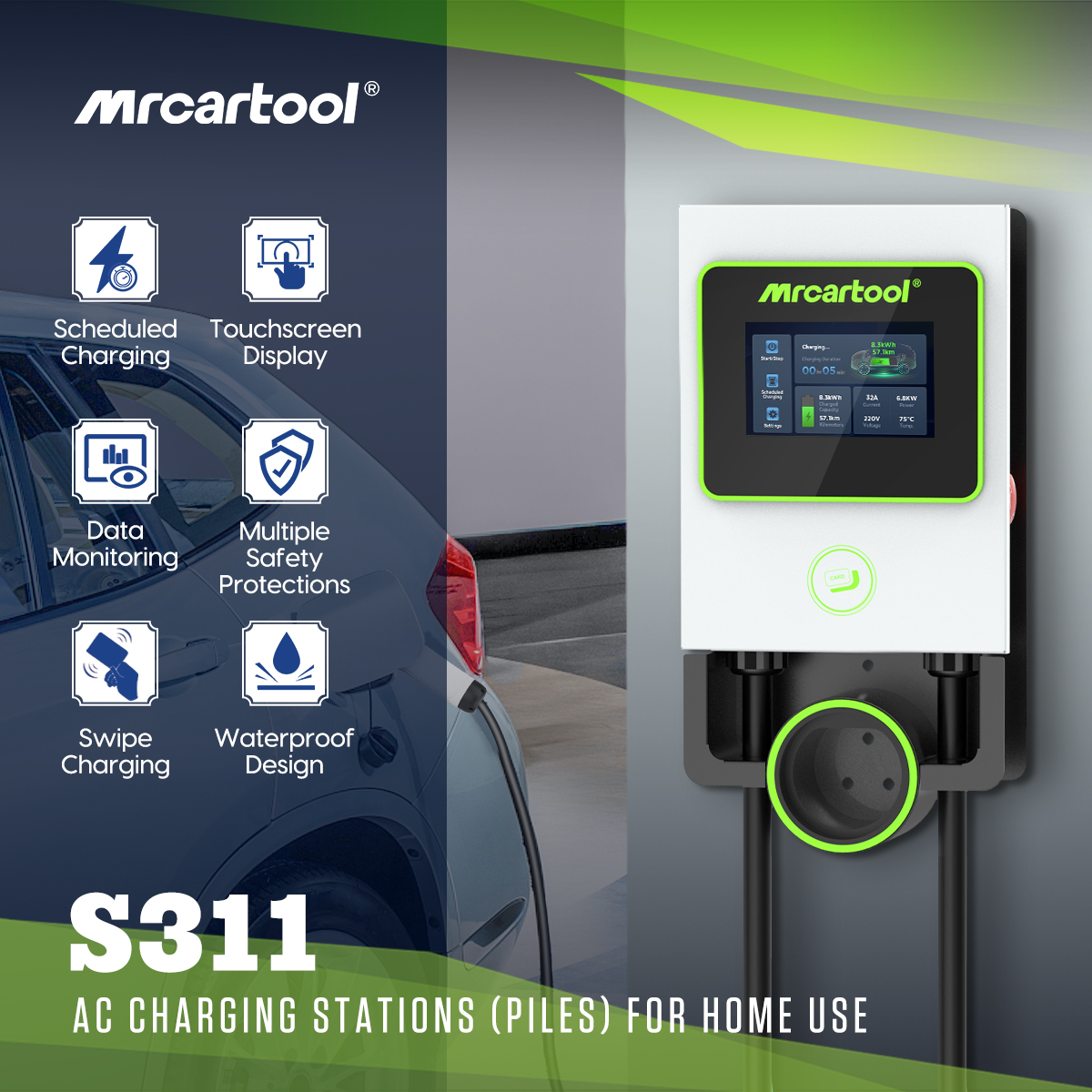 【ส่งไว】 MRCARTOOL S311 EV แท่นชาร์จไฟฟ้า 32A 7KW Type2 สําหรับติดผนังบ้าน ยานพาหนะ Wallbox EV ...