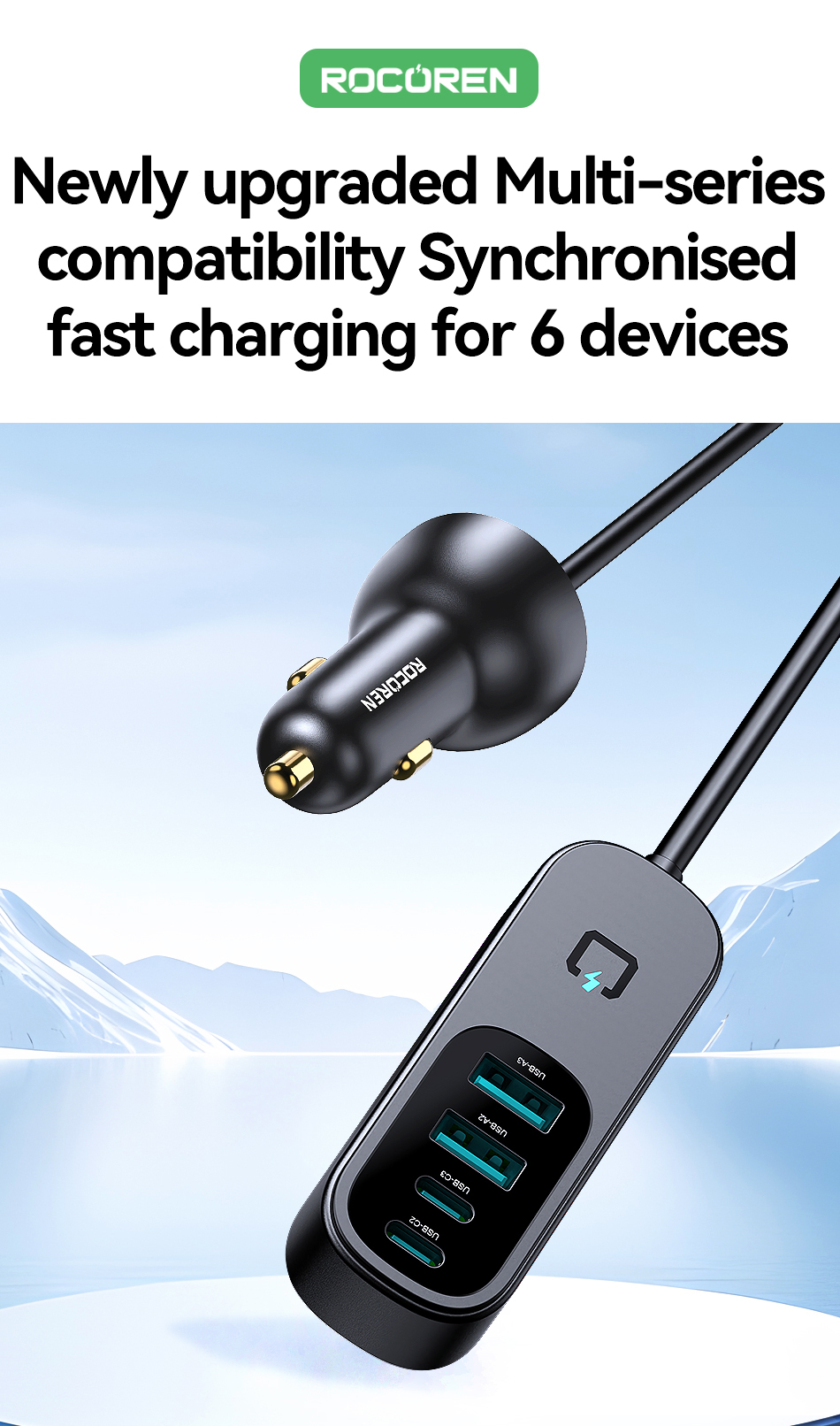 Rocoren 105w 6 in 1 Multi Port Car Fast Charging USB Type C Backboard Power Adapter สําหรับ i15 ...