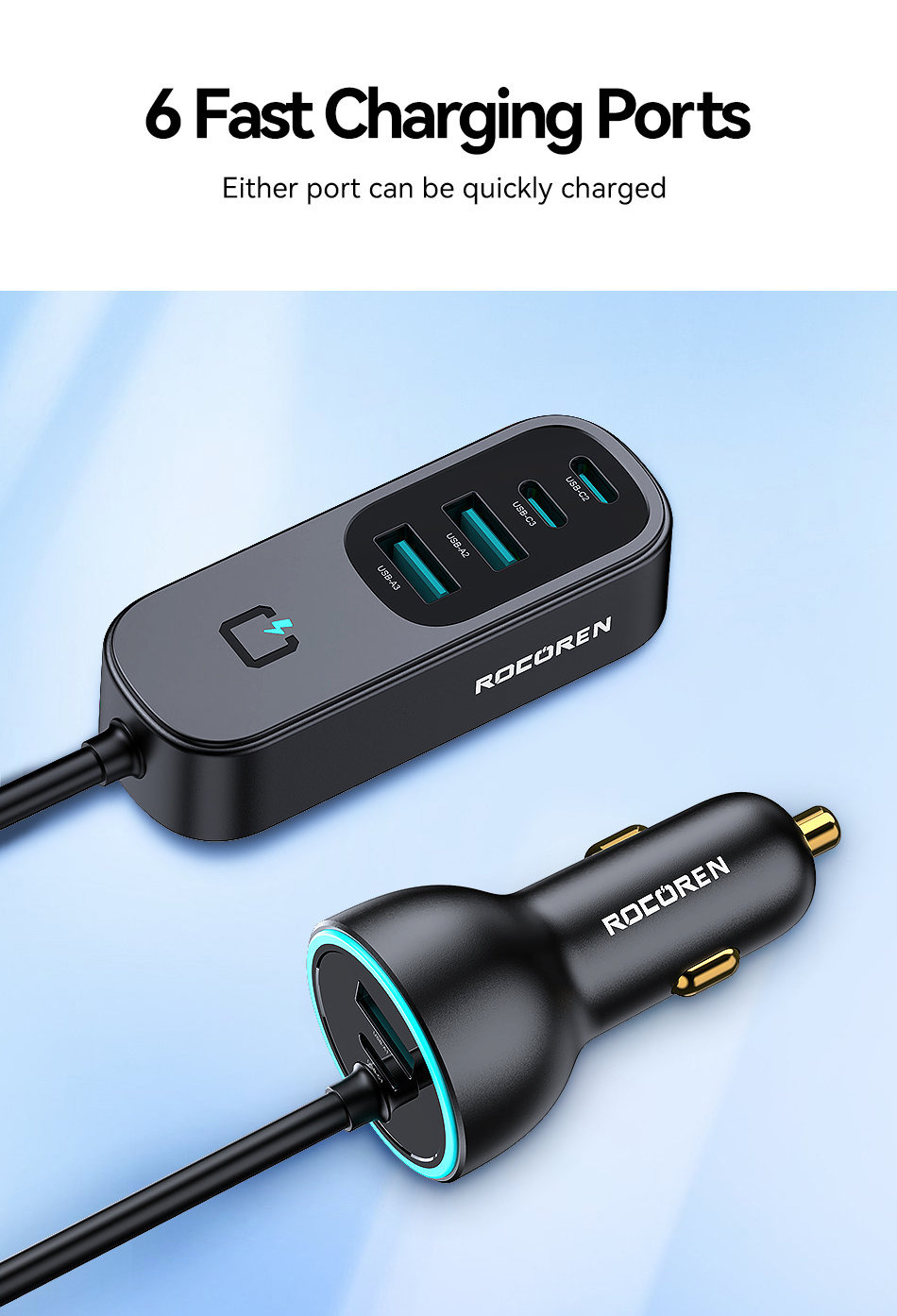 Rocoren 105w 6 in 1 Multi Port Car Fast Charging USB Type C Backboard Power Adapter สําหรับ i15 ...