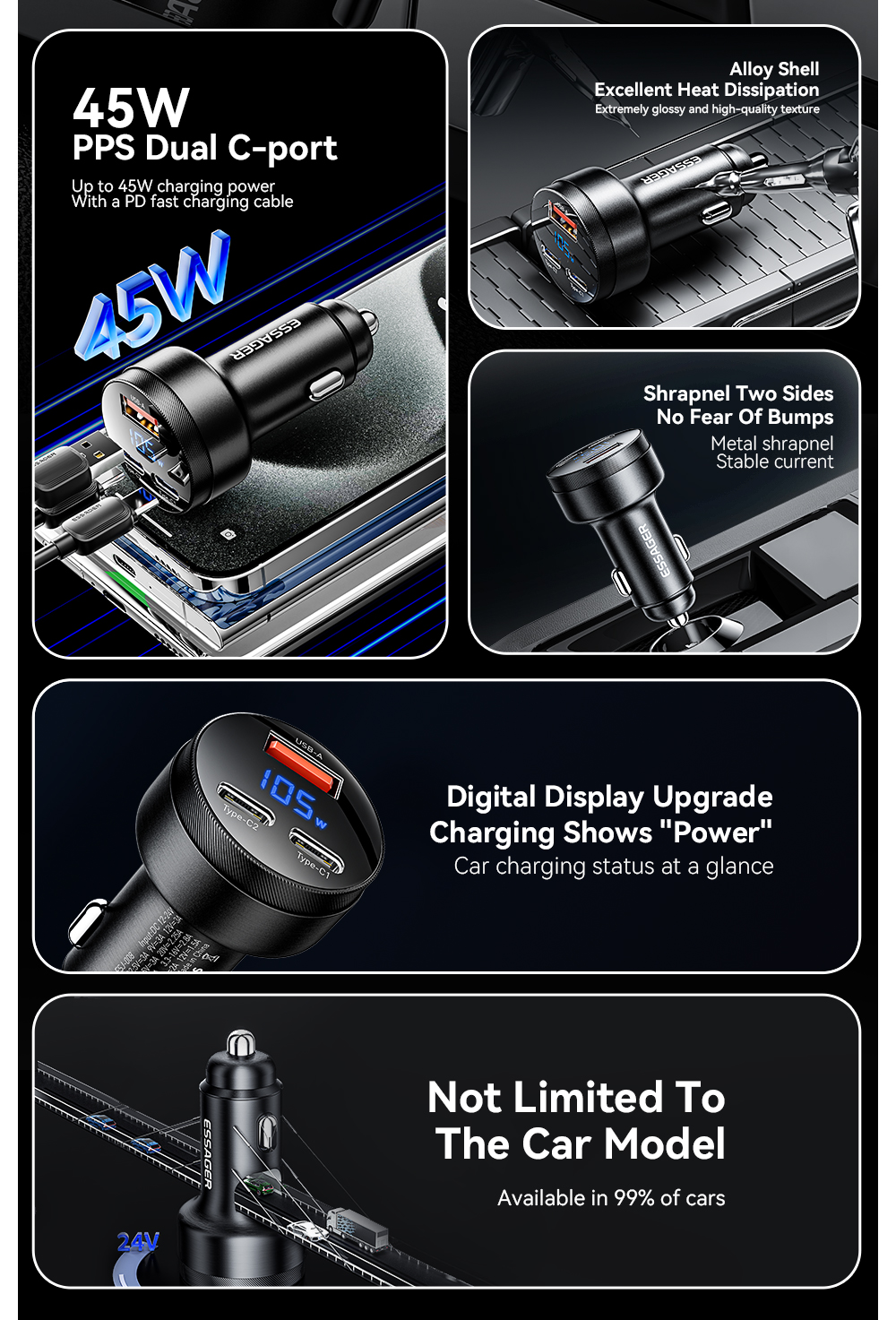 Essager 105W 2C + USB อลูมิเนียมอัลลอยด์ จอแสดงผลดิจิทัล ที่ชาร์จในรถ | Shopee Thailand