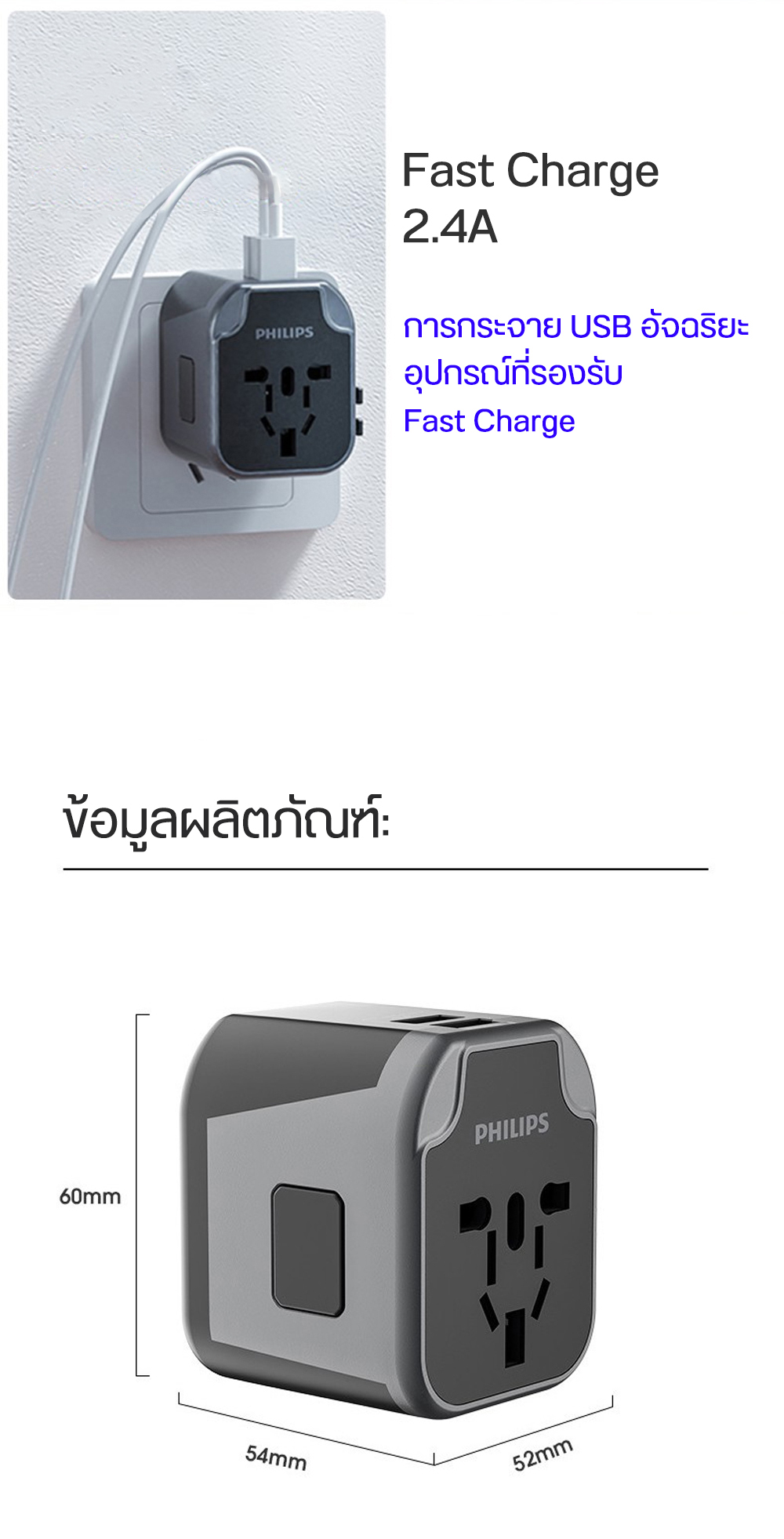 Philips Universal Travel Adapter SPS1001A หัวแปลงปลั๊กไฟ ปลั๊กต่อไฟฟ้า ...