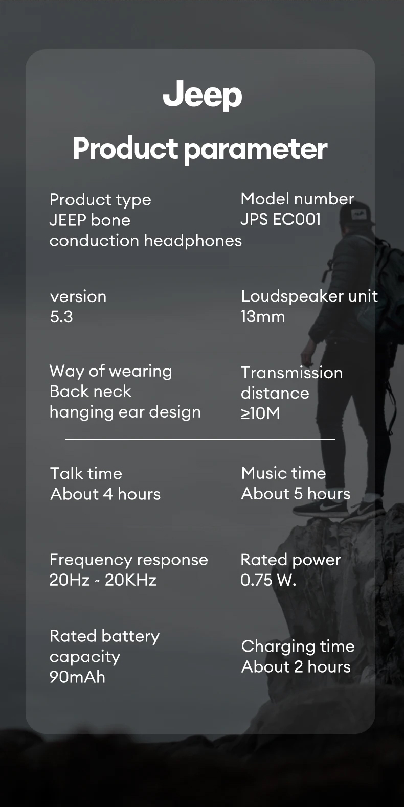 Jeep JPS-EC001 หูฟังบลูทูธ 5.3 IPX5กันน้ํา แบตเตอรี่ยาวนาน หูฟังไร้สาย พร้อมไมโครโฟน ระบบ Bone ...