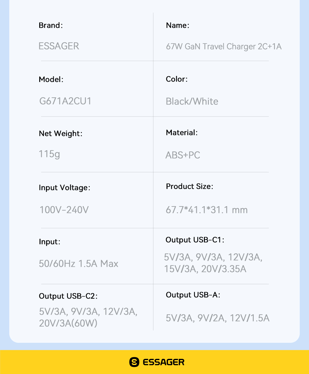 Essager 67W Gan Charger SOC Usb Type C Fsat อะแดปเตอร์ชาร์จ สําหรับ PD ...