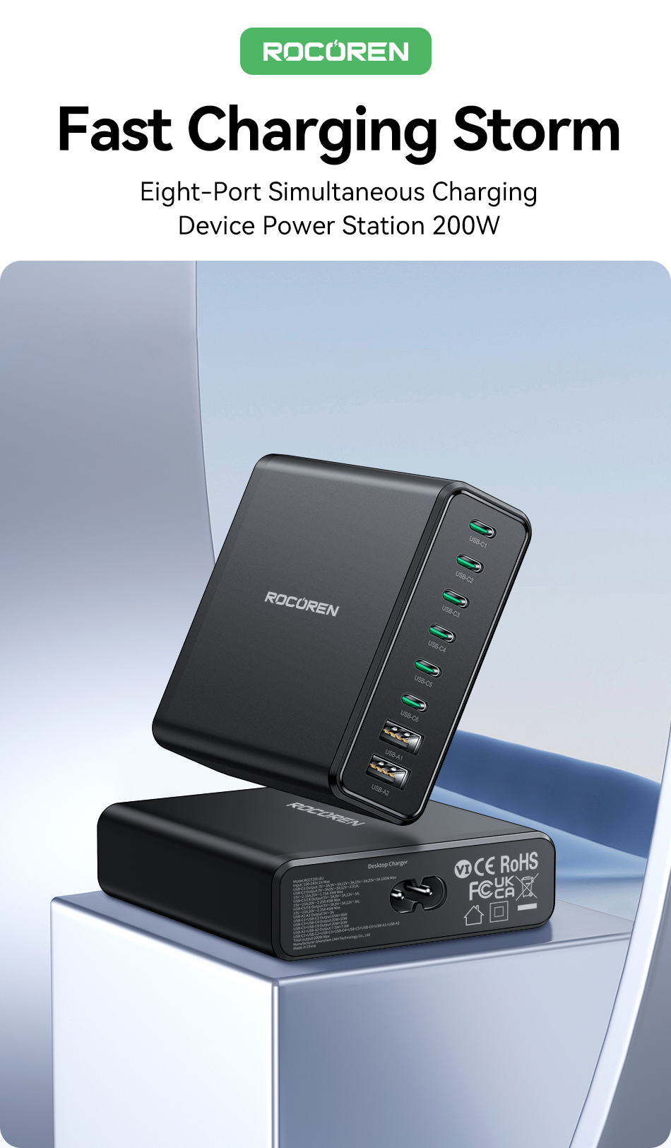 Rocoren 200W USB C Charger Desktop Fast Charging Station หลายพอร์ต USB ...