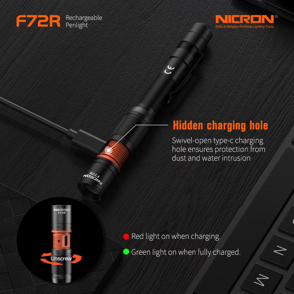 Nicron F72R 450LM ปากกาไฟฉาย EDC แบบชาร์จไฟได้ พร้อมคลิปหนีบ ซูมได้ ...