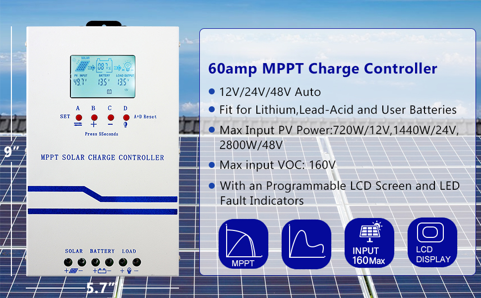 Y&H ตัวควบคุมเครื่องชาร์จพลังงานแสงอาทิตย์ 60A MPPT 12V 24V 36V 48V ...